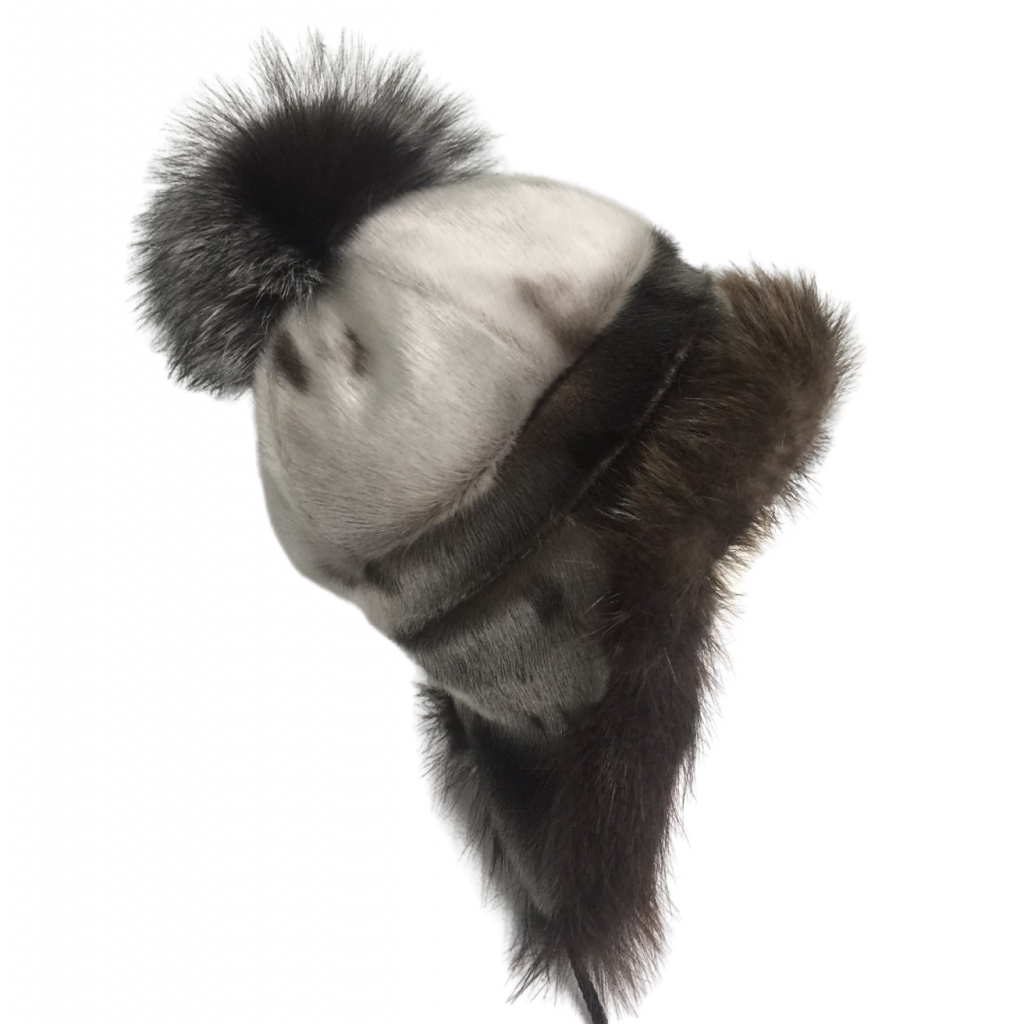 Womens' Seal Skin and Silver Fox Pompom Hat - Canadian Seal Products